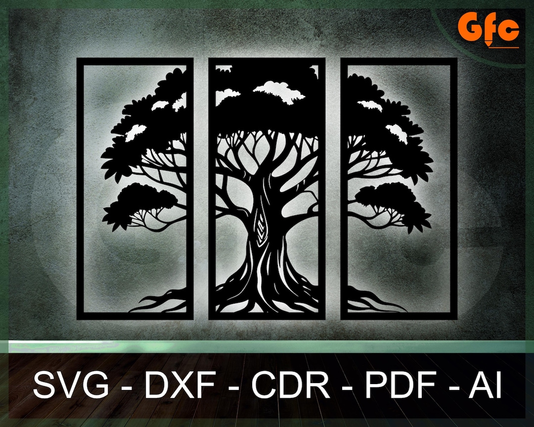 Tree 3 Panel Wall Decor Dxf - Svg - Cdr - Ai - Pdf Digital Files - Wall ...