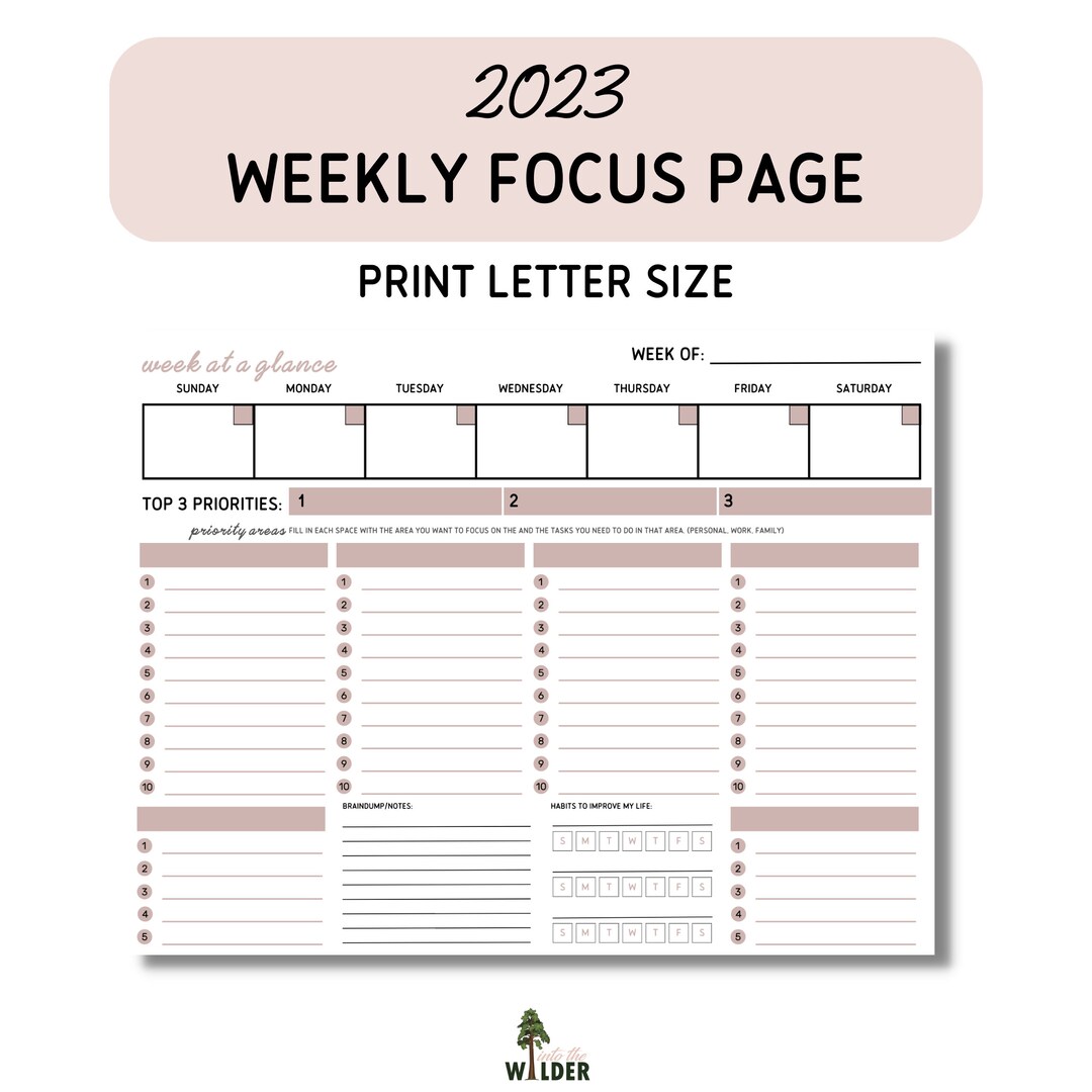 Printable Weekly Focus Planner Page 2023 - Etsy