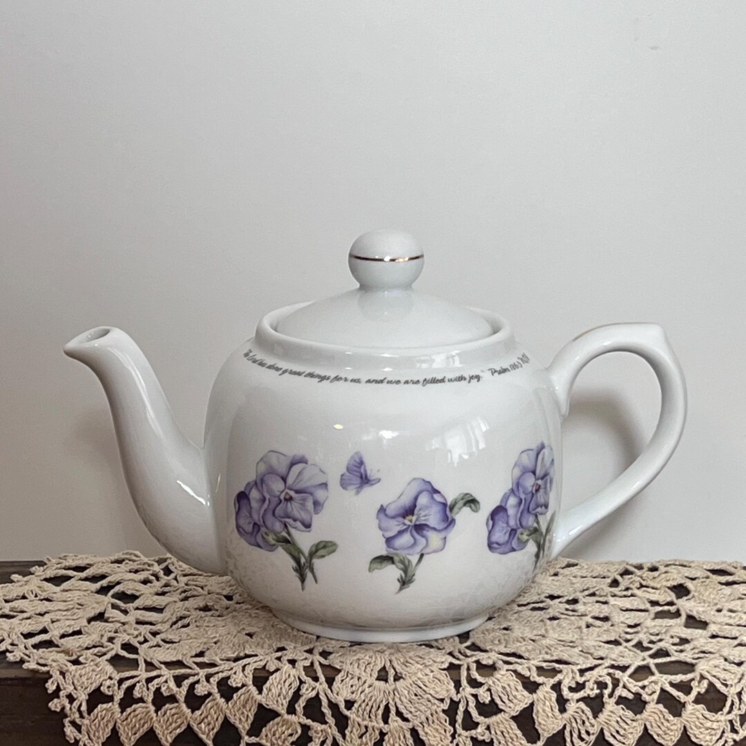 Vintage Violets and Psalms 126:3 Teapot, Small Floral Design Teapot ...