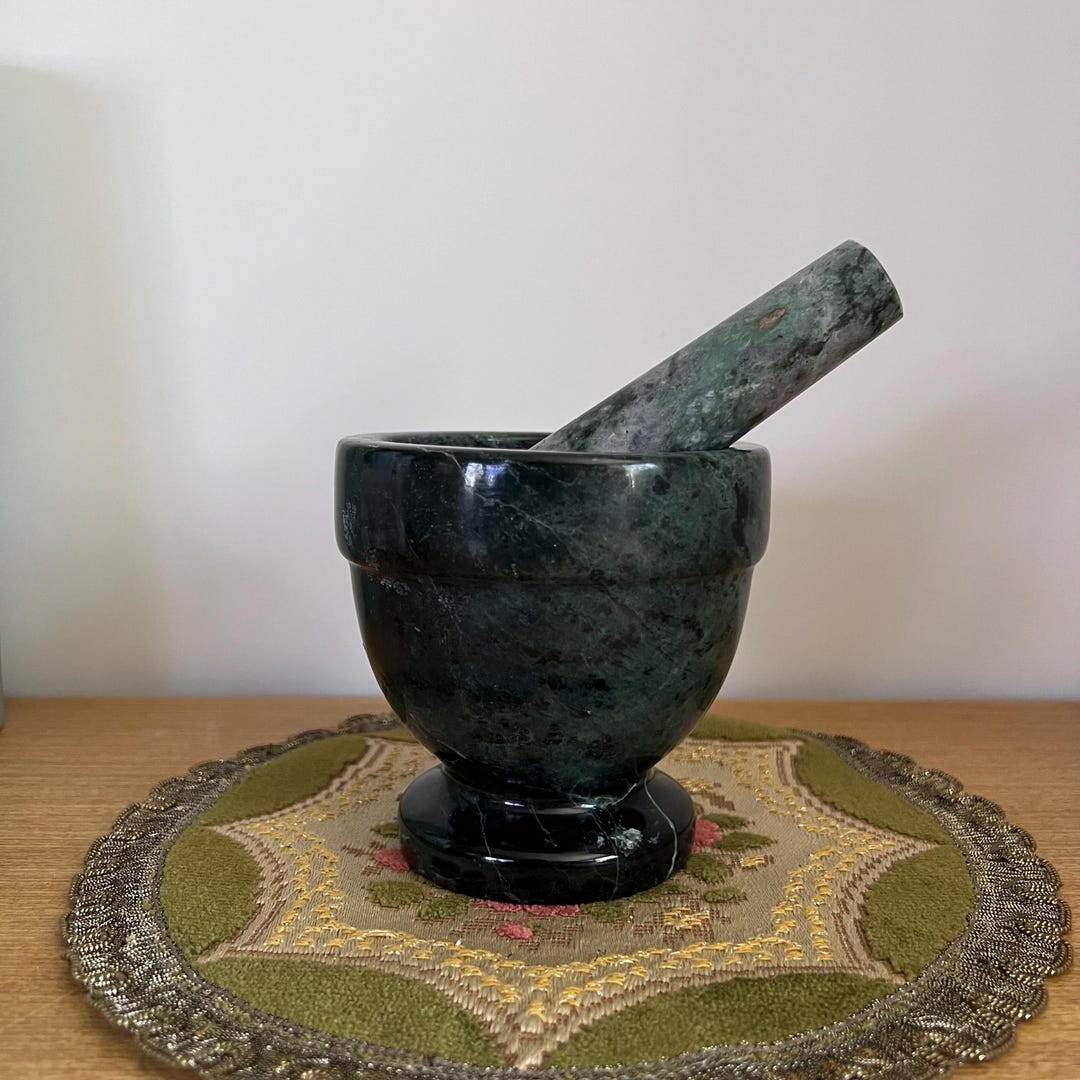 Vintage Marble Mortar and Pestle for Kitchen Spices, Deep Green Marble ...