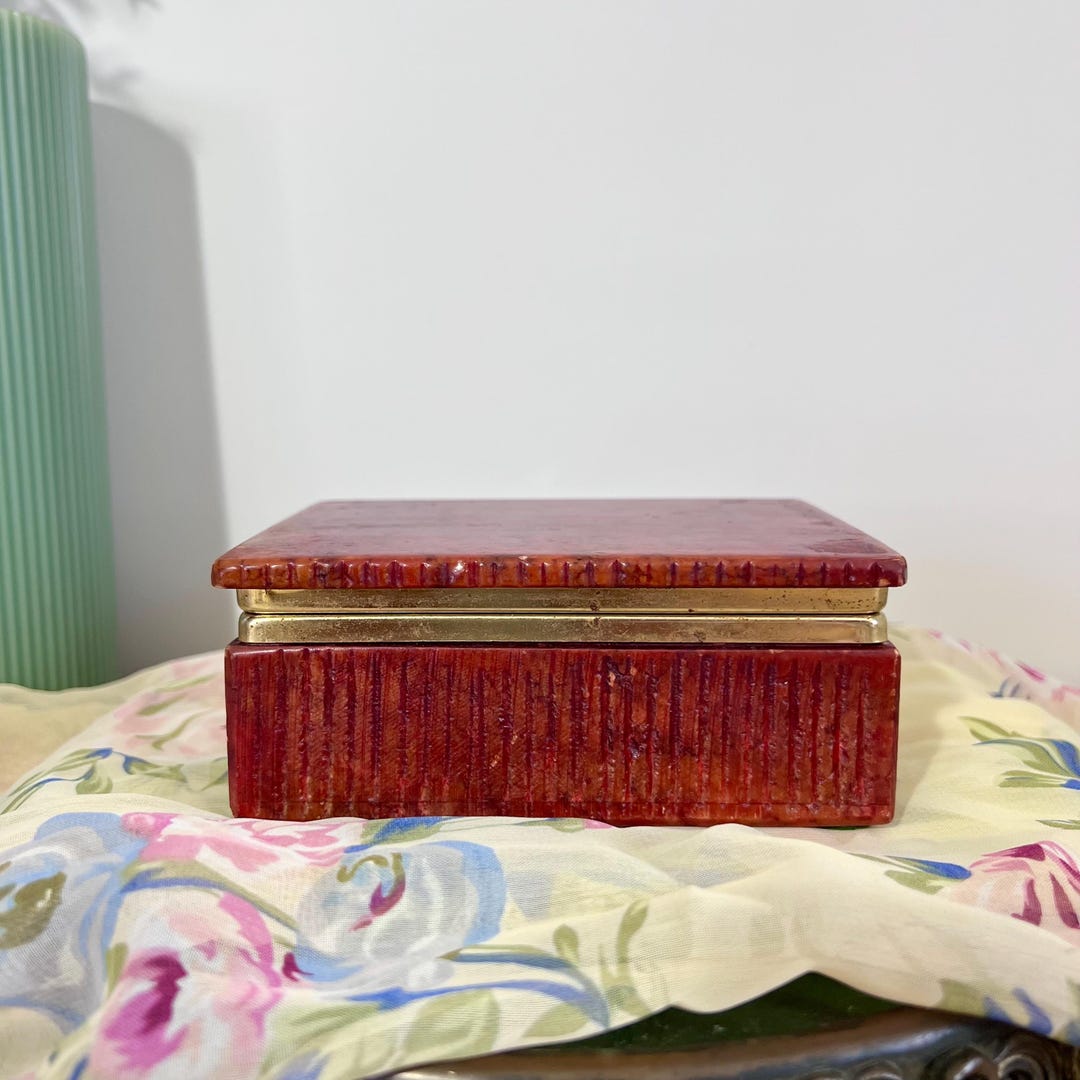 Vintage Genuine Alabaster Hand Carved Box, Orange Reddish Alabaster Box ...