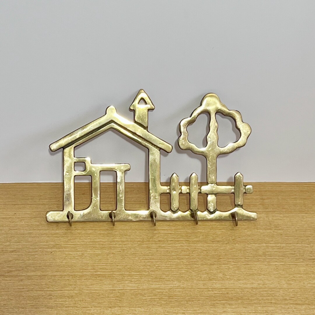 Vintage Brass Key Holder, Brass Key Hook - House and Picket Fence, Wall ...