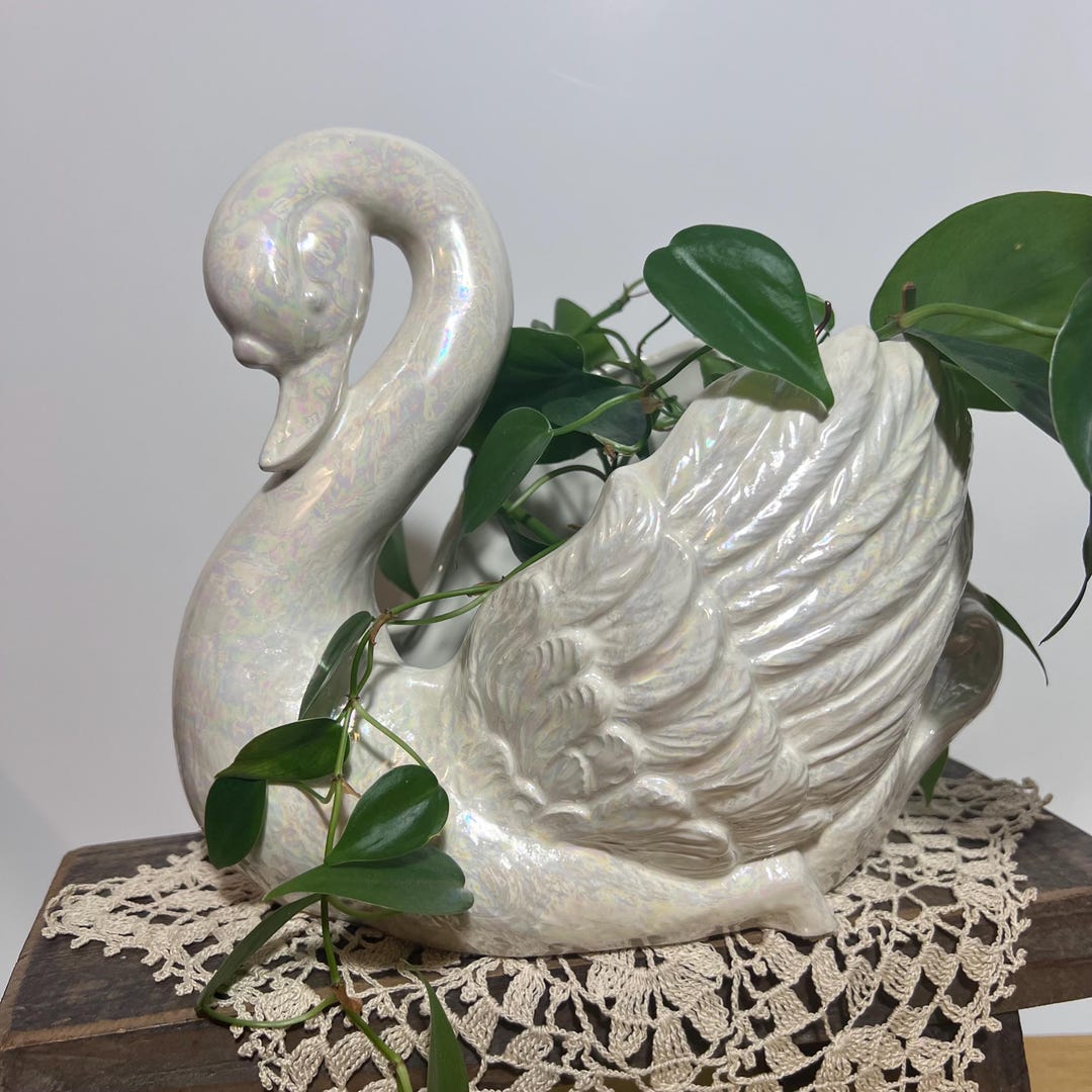 Handmade Ceramic Porcelain Swan Planter, Iridescent Swan Indoor Planter ...