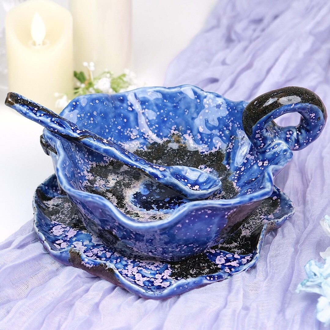 Handcrafted Galaxy Blue Ceramic Dinnerware Set Starry Sky Bowl With ...