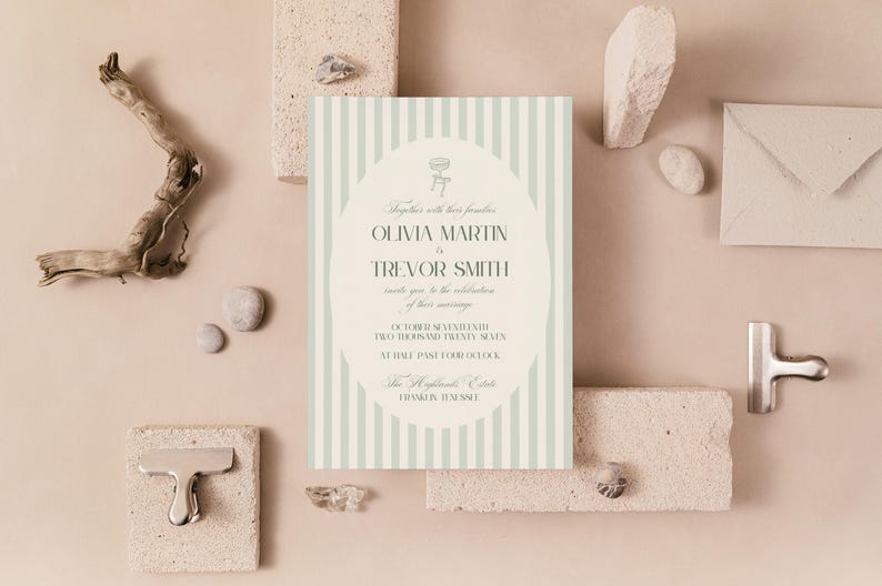 Green Stripe Wedding Invitations With Champagne Glass Icon: Digital ...