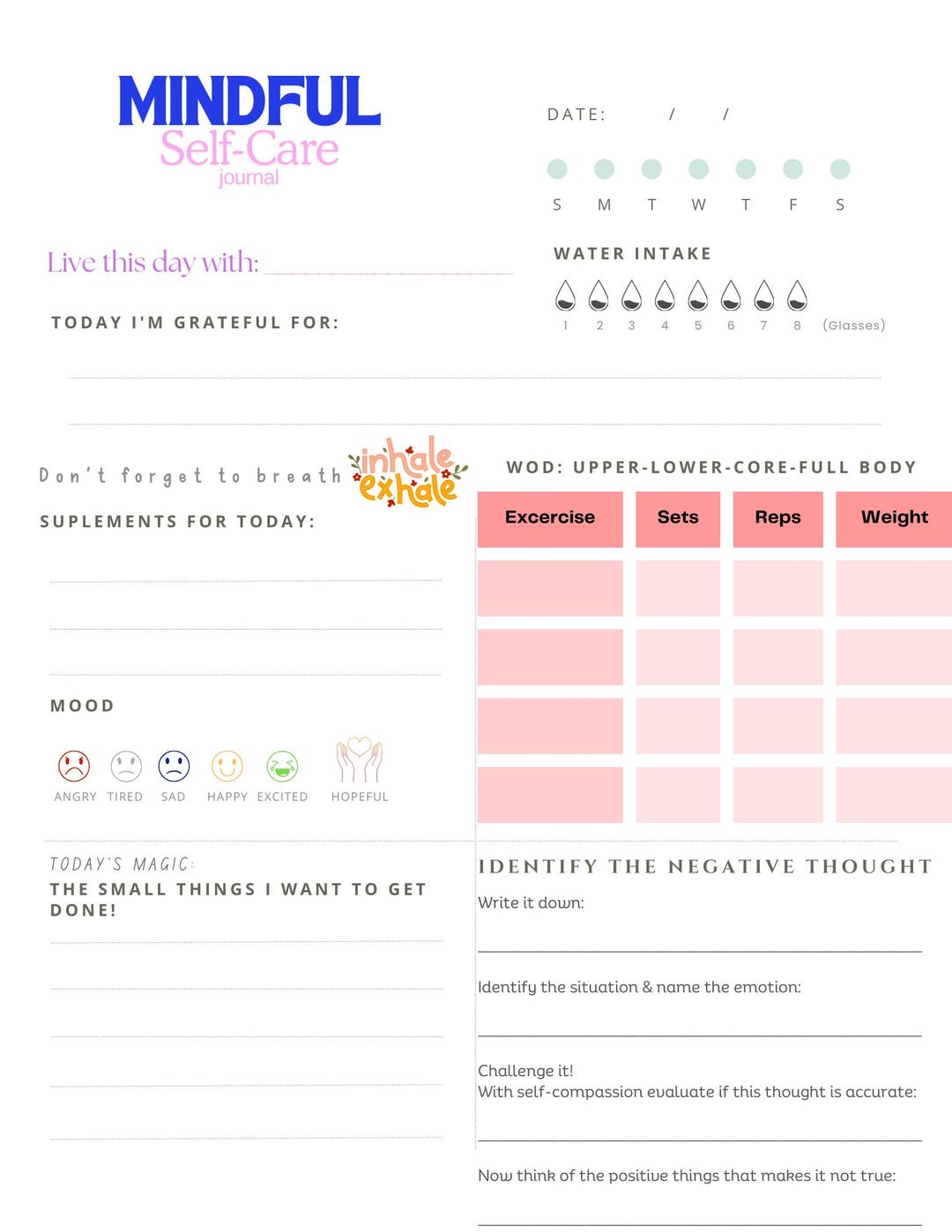Mindful Self-care Journal Printable – Daily Wellness Planner for ...