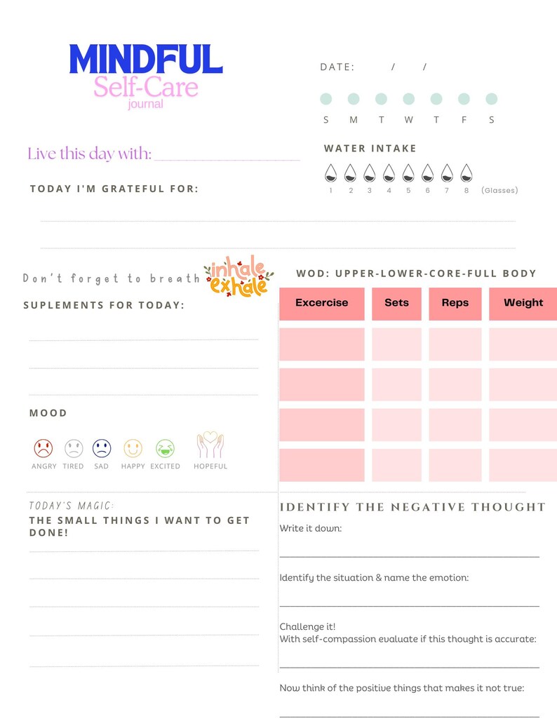 Mindful Self-care Journal Printable – Daily Wellness Planner for ...