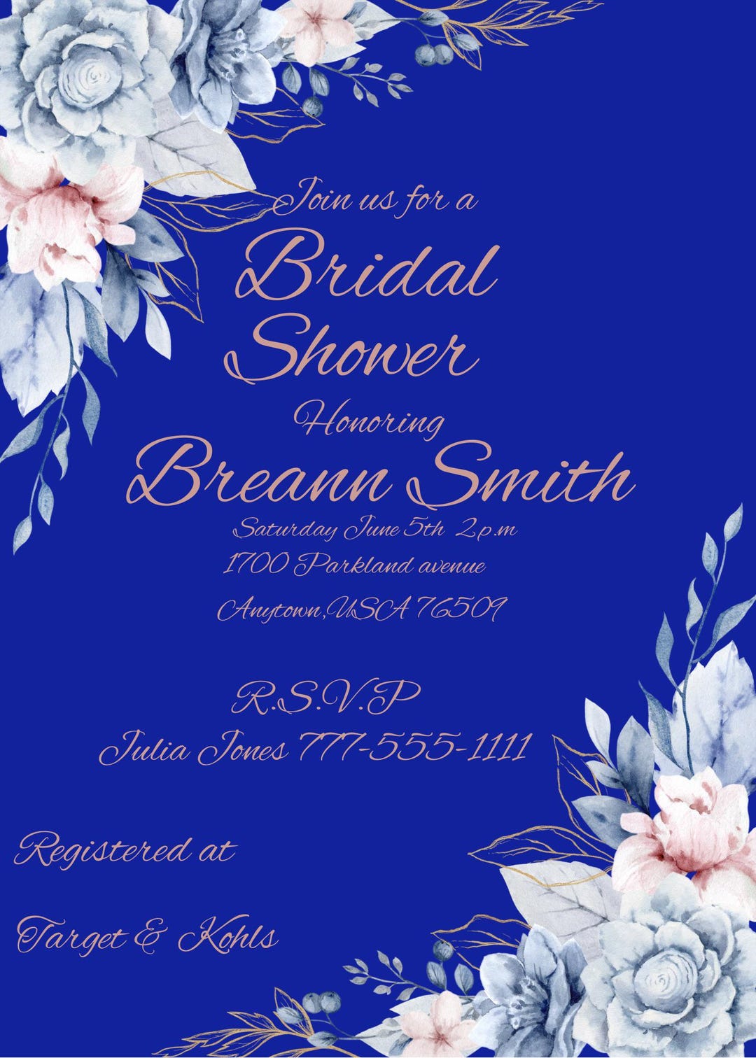 Editable Blue Floral Bridal Shower Invitation - Etsy