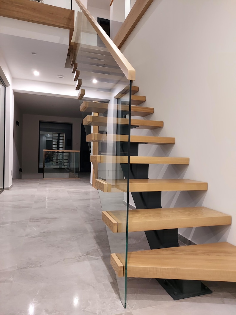 Oak Central Beam Staircase With Glass Balustrade Glass Stairs - Etsy