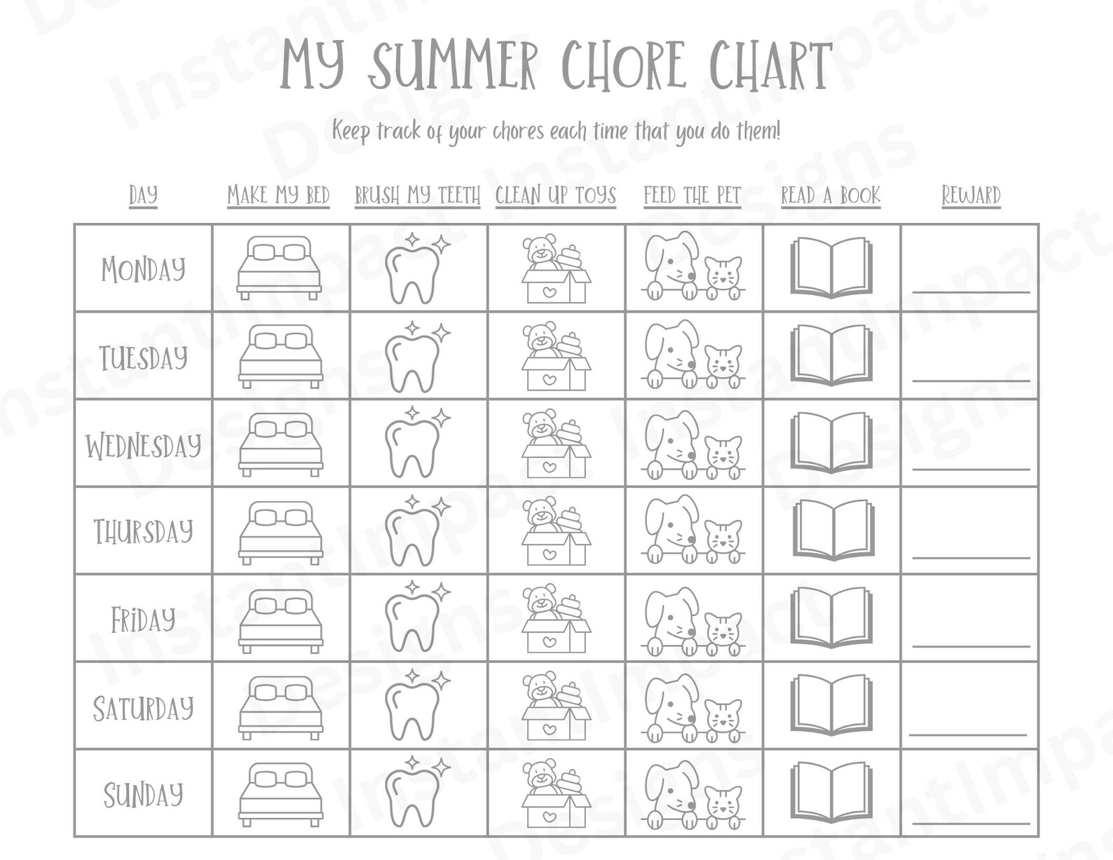 Summer Chore Chart for Kids Printable –visual Routine Chart for ...