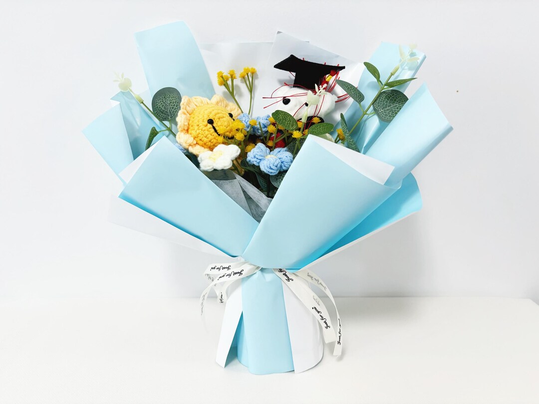 Handmade Crochet Graduation Bouquet With Knitted Graduate Plush & Sunflowers, Flower Bouquet for ...