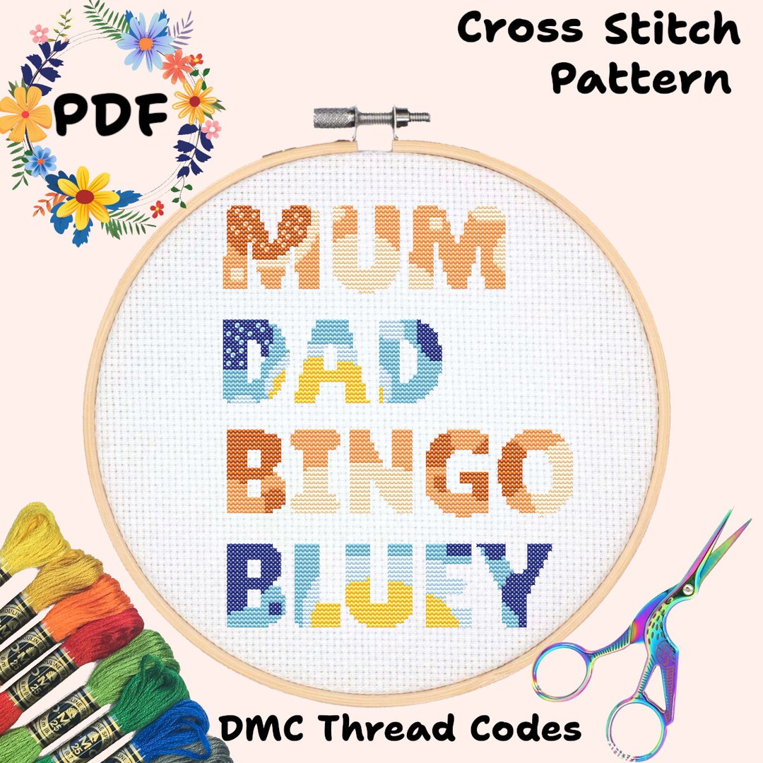 Bluey Family Names Kid Cartoon Heeler Australia Cross Stitch ...