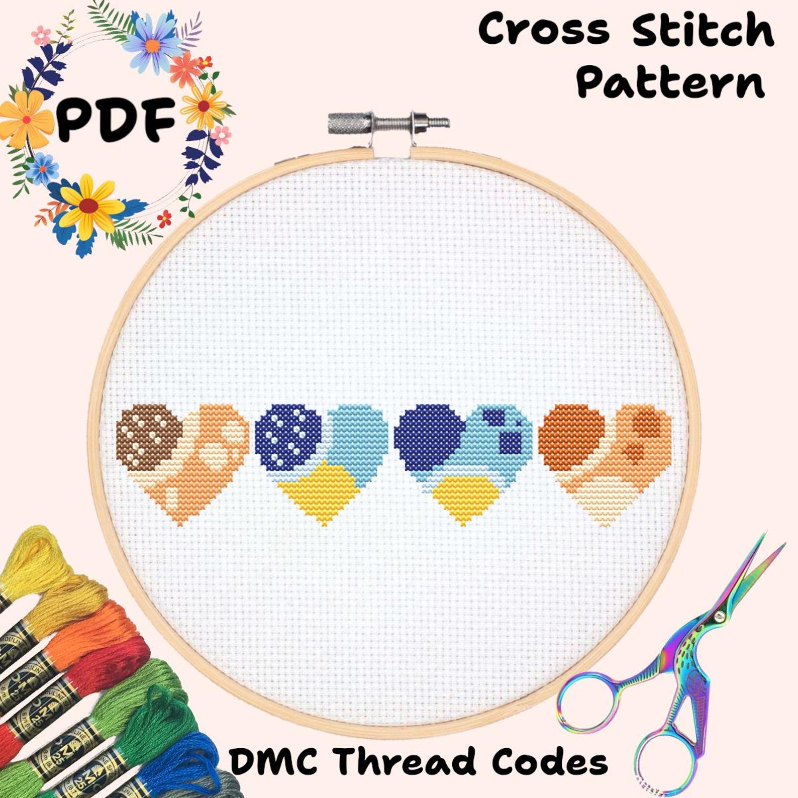 Heeler Family Hearts Bluey Bingo Chili Bandit Cross Stitch Needlepoint ...