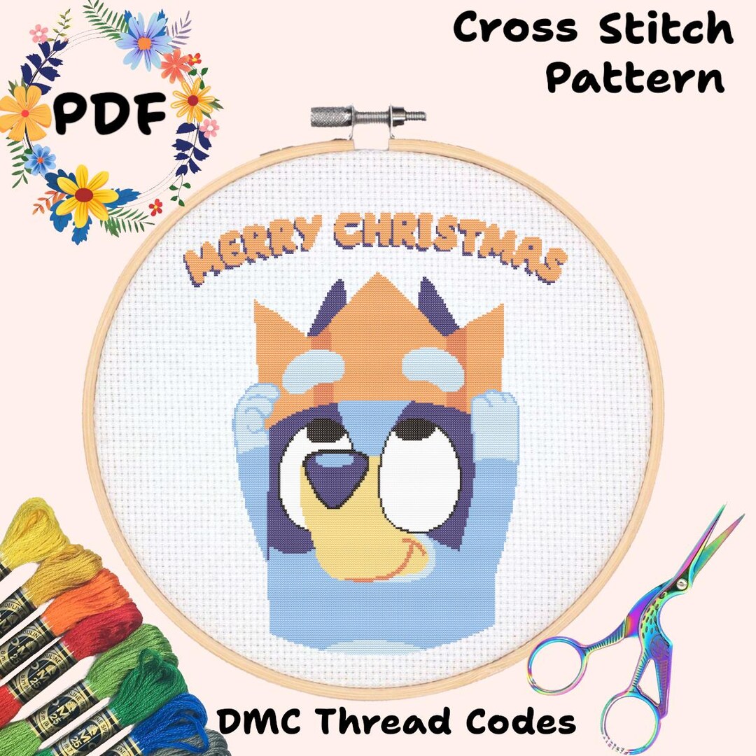 Bluey Merry Christmas Crown Holiday Kids Cross Stitch Needlepoint ...