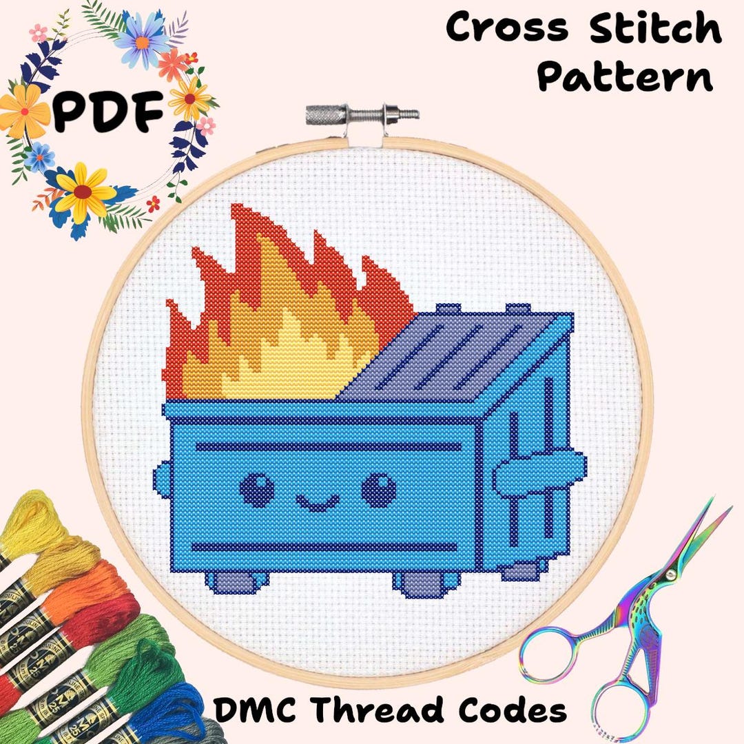 Dumpster Fire Meme Funny Children Cross Stitch Needlepoint Pattern ...