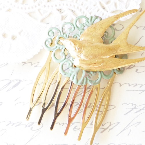 Green Sparrow Hair Comb Flying Swallow Hair Comb Large - Etsy