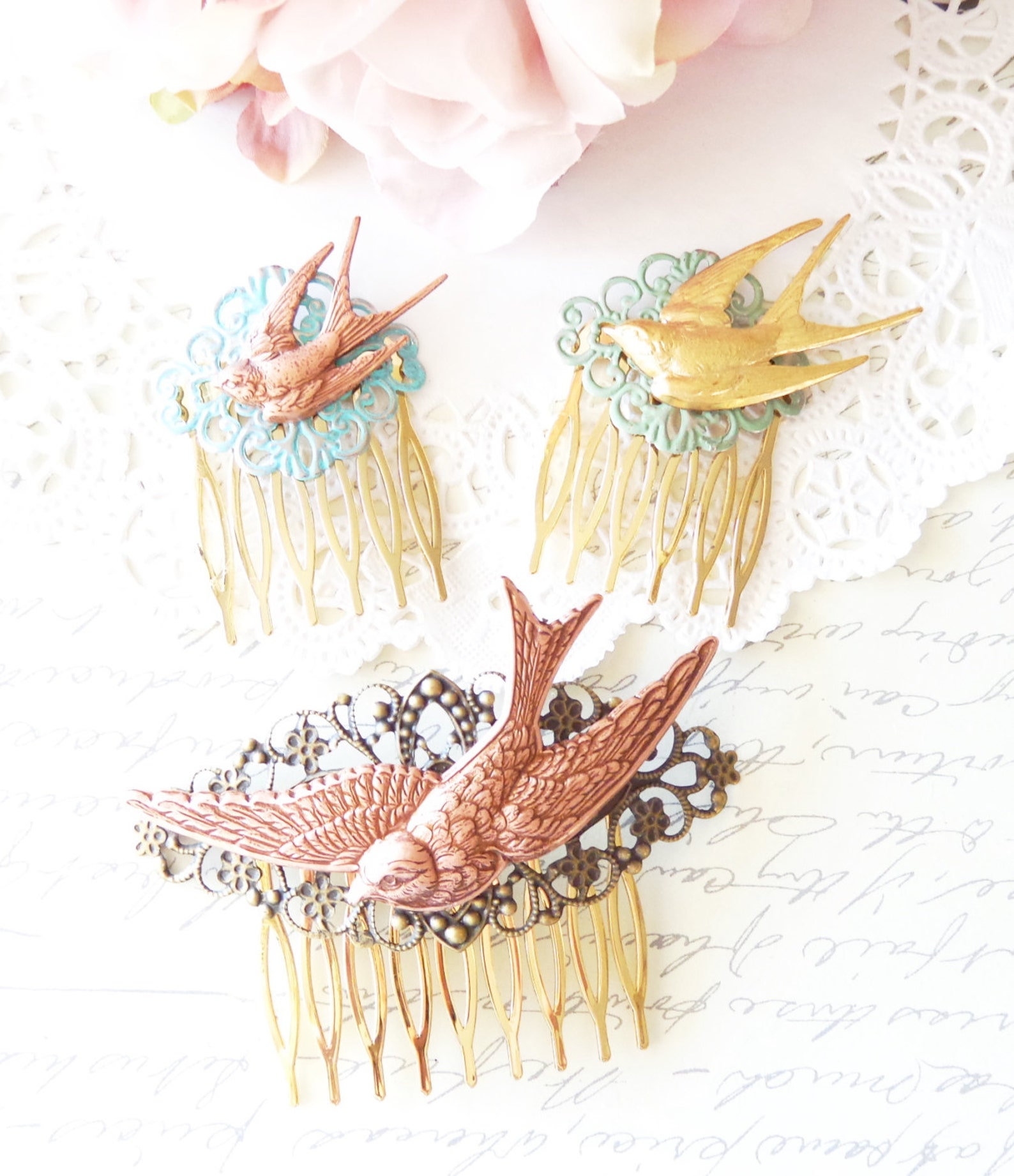 Rose Gold Flying Swallow Hair Comb - Sparrow Hair Comb - Woodland Bird ...