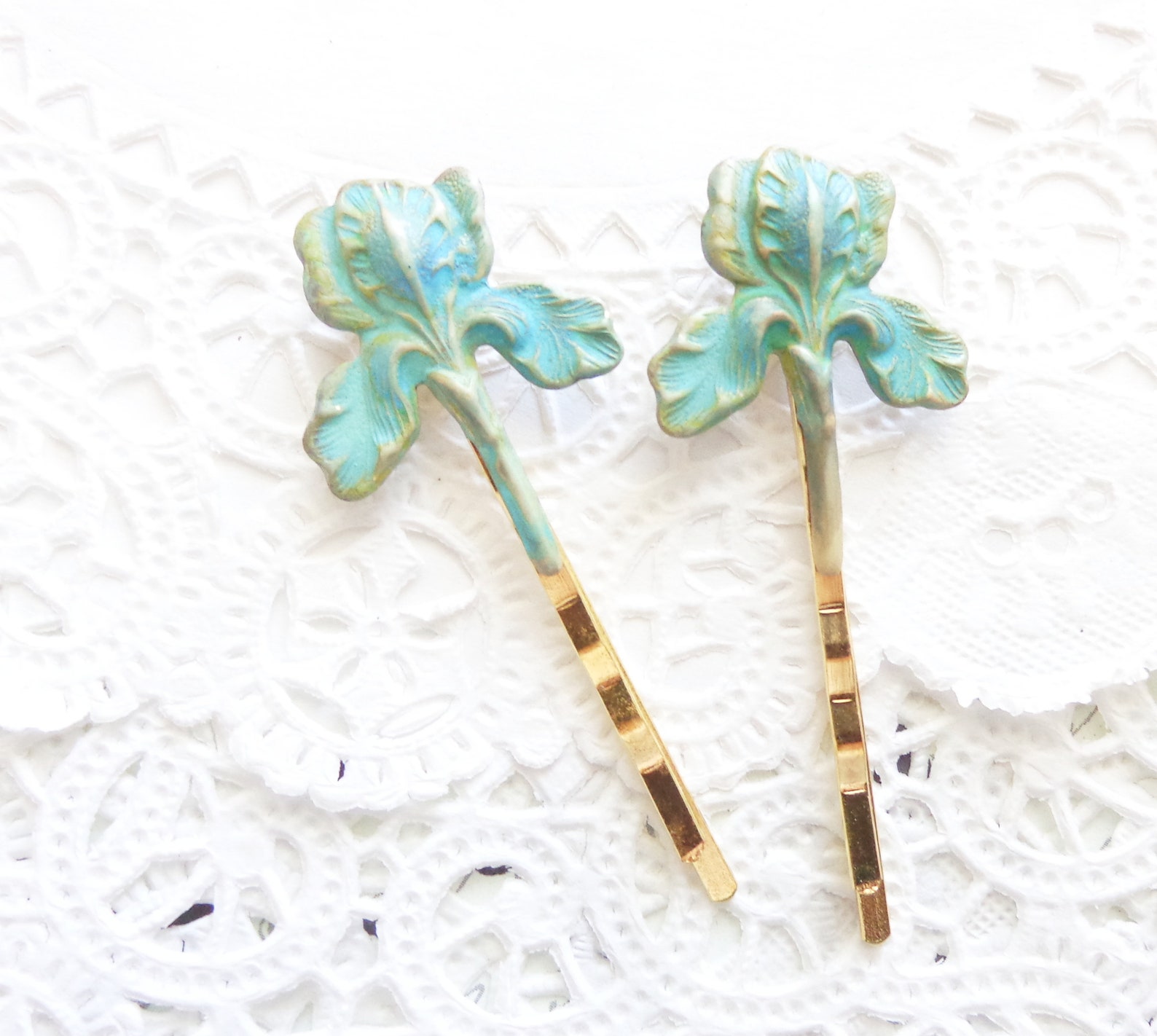 Verdigris Iris Flower Hair Pins - Iris Bobby Pin - Flower Hair Pins ...