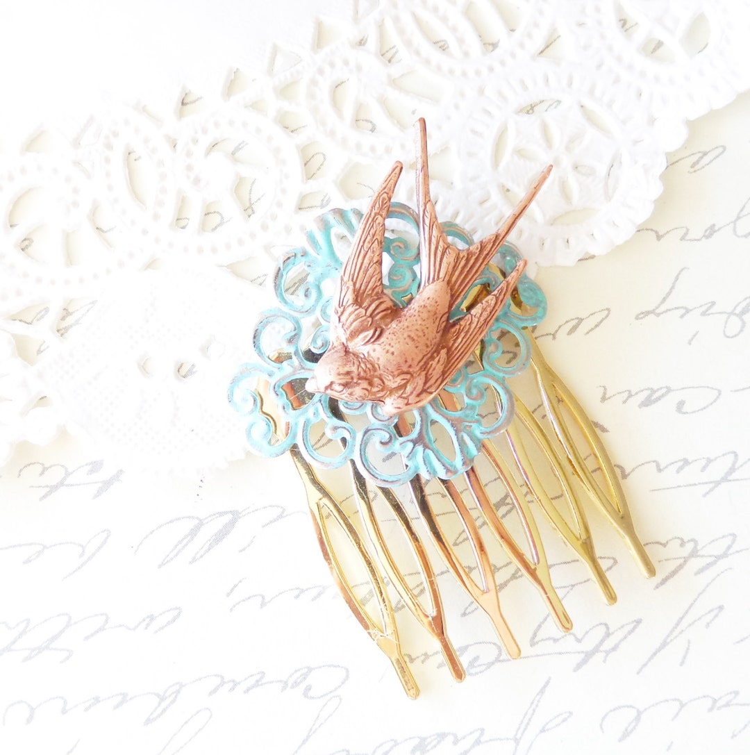 Rose Gold Flying Swallow Hair Comb - Sparrow Hair Comb - Woodland Bird ...