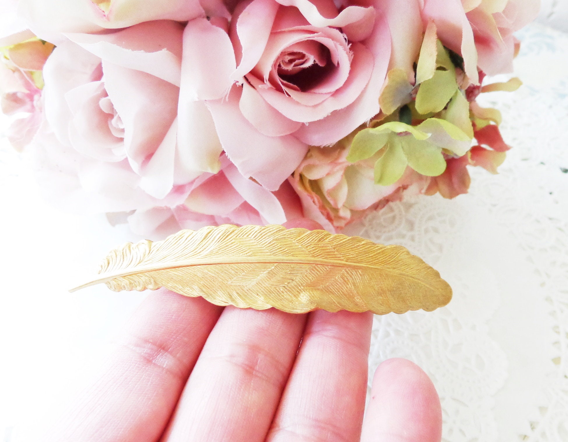 Gold Feather Barrette Large Gold Feather Barrette French | Etsy