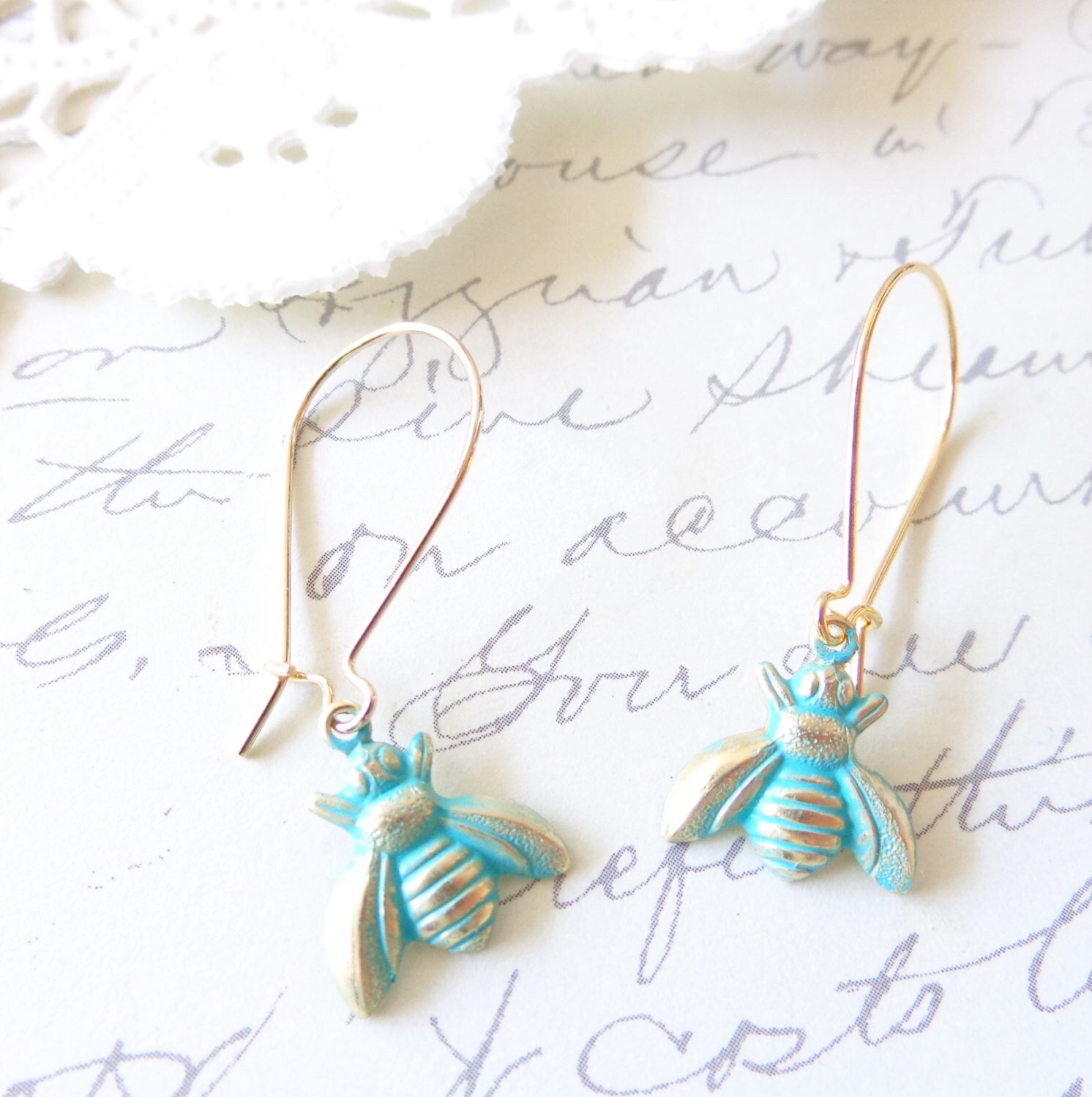Verdigris Bee Earrings - Mint Bumble Bee Earrings - Honey Bee - Dangle ...