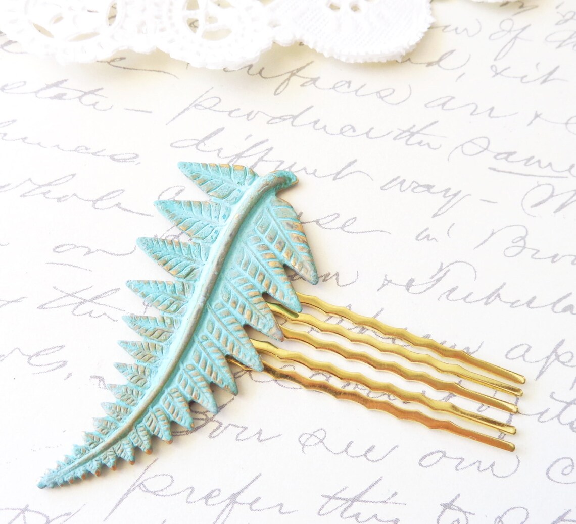Verdigris Fern Leaf Hair Comb - Green Mint Patina - Woodland - Wedding ...
