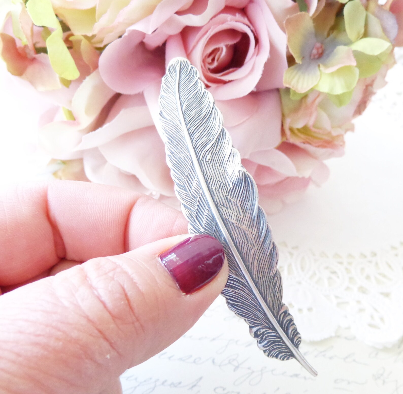 Ox Silver Feather Hair Barrette - Large Feather Hair Clip - French ...