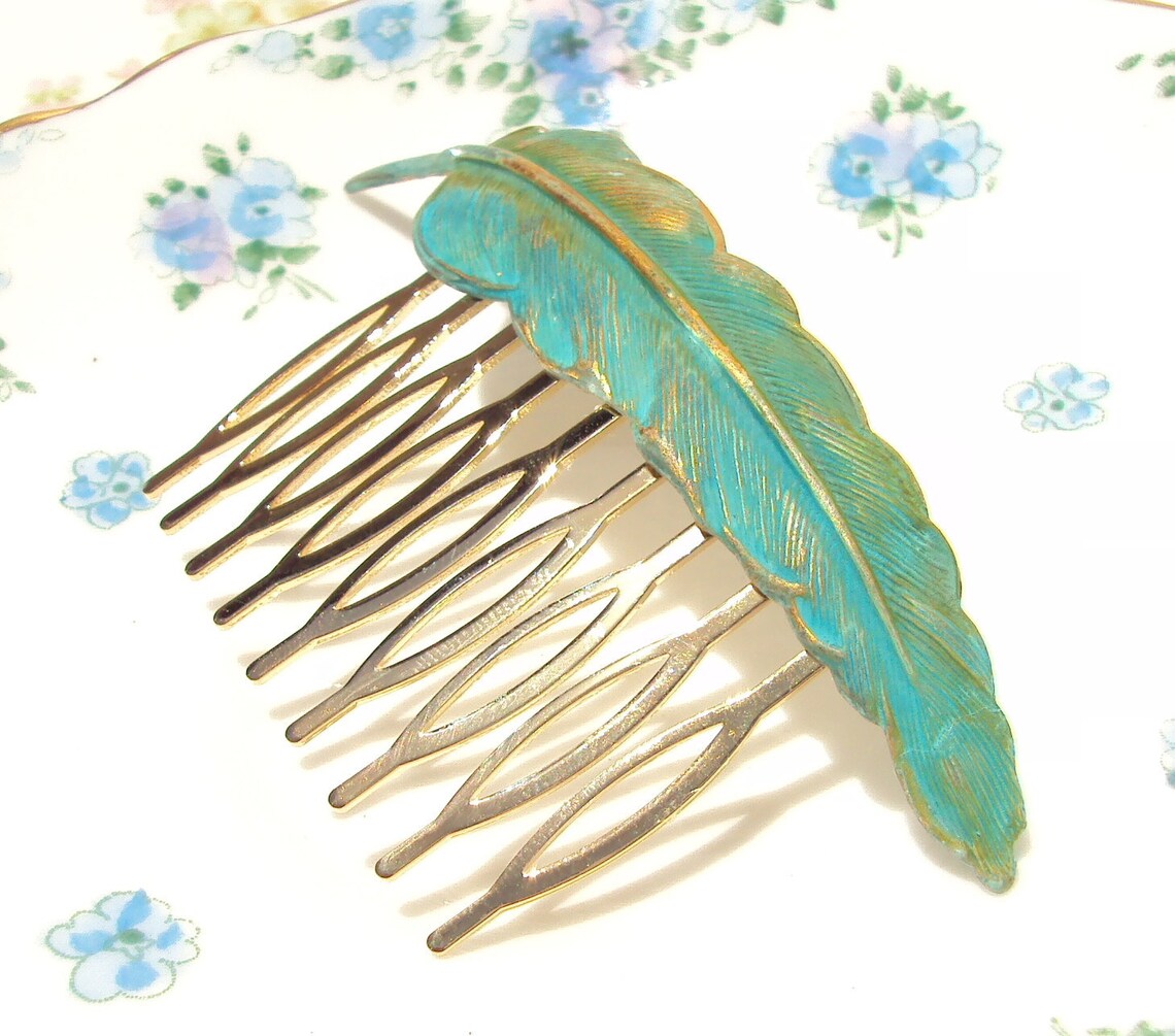 Gold Verdigris Feather Hair Comb - Woodland Collection - Whimsical ...