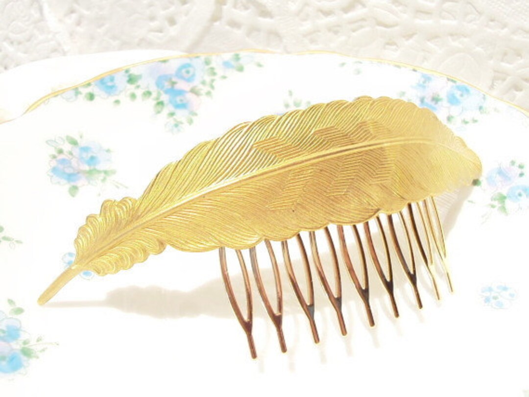 Gold Feather Hair Comb - Large Gold Feather Comb - Wedding Hair Comb ...