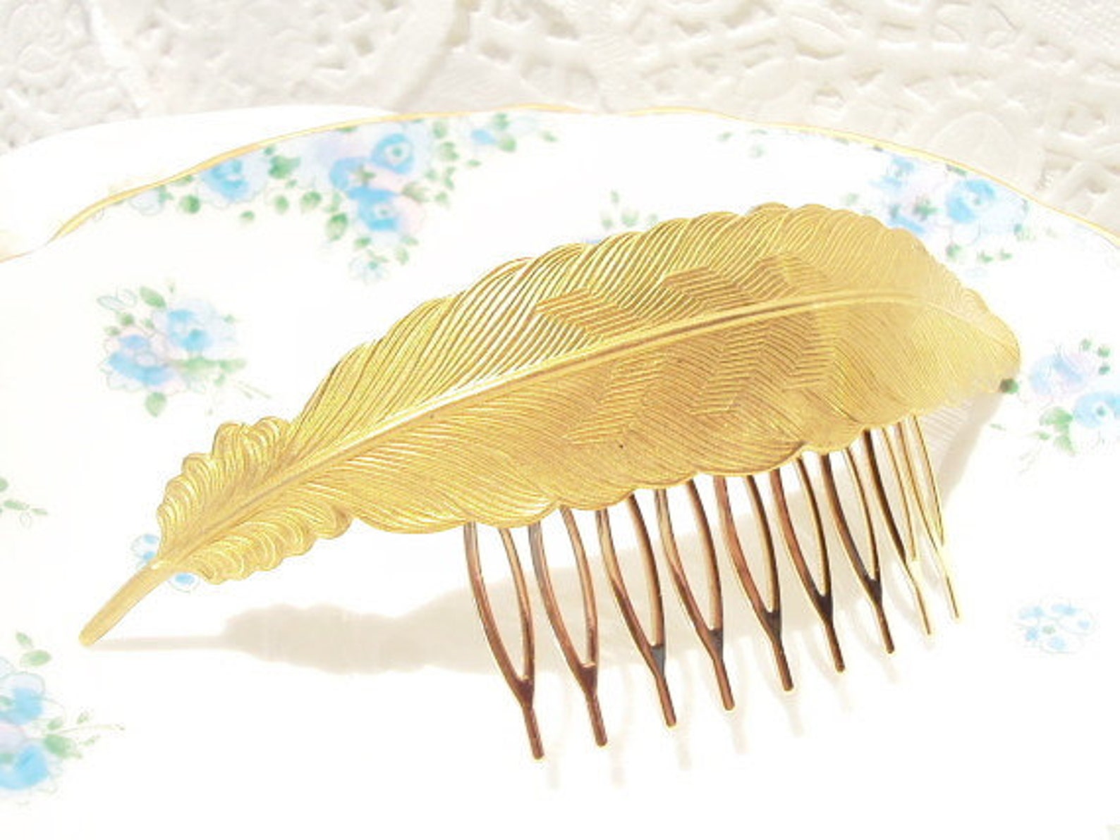 Gold Feather Hair Comb Large Gold Feather Comb Wedding - Etsy