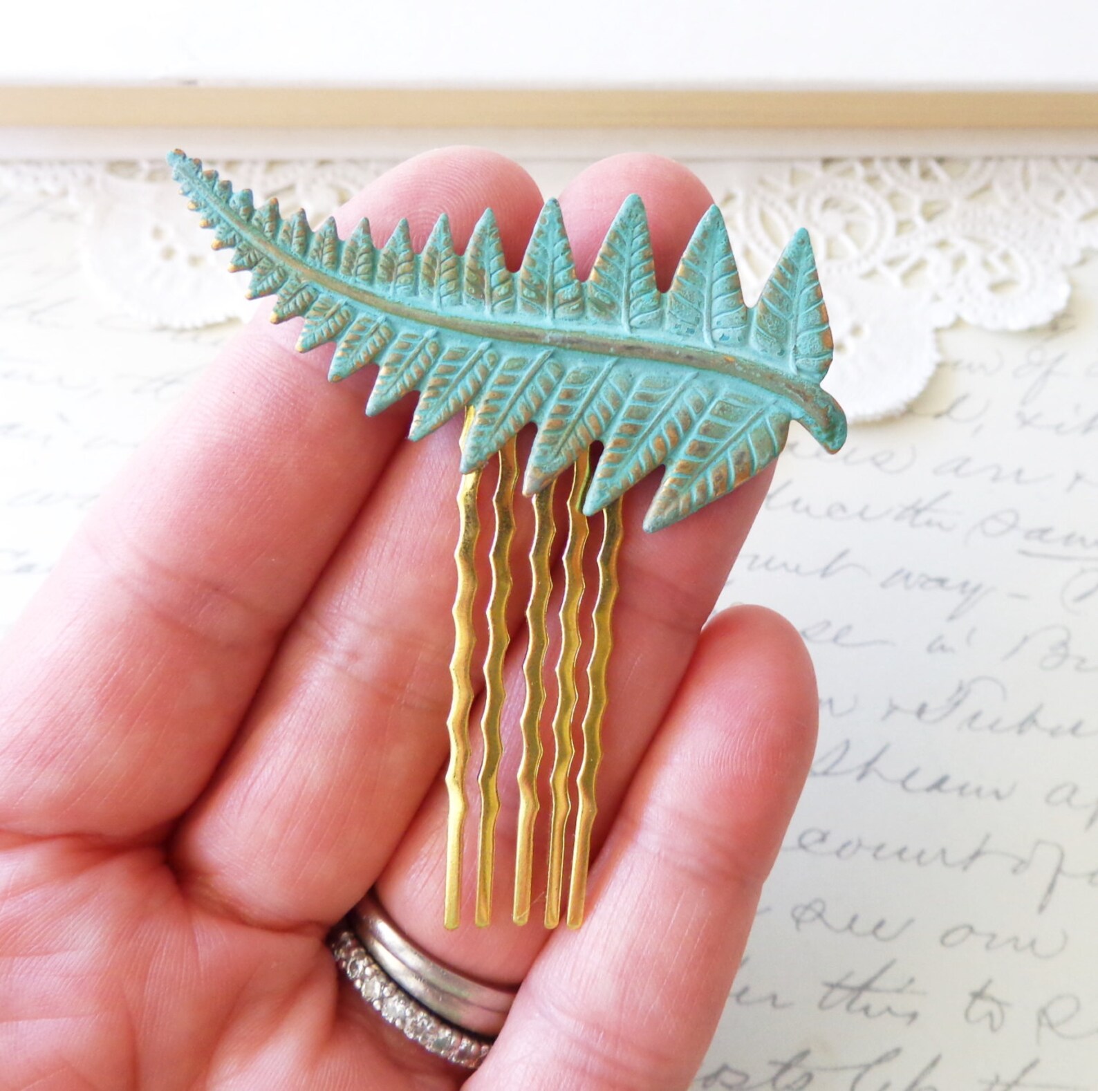 Verdigris Fern Leaf Hair Comb Green Mint Patina Woodland | Etsy