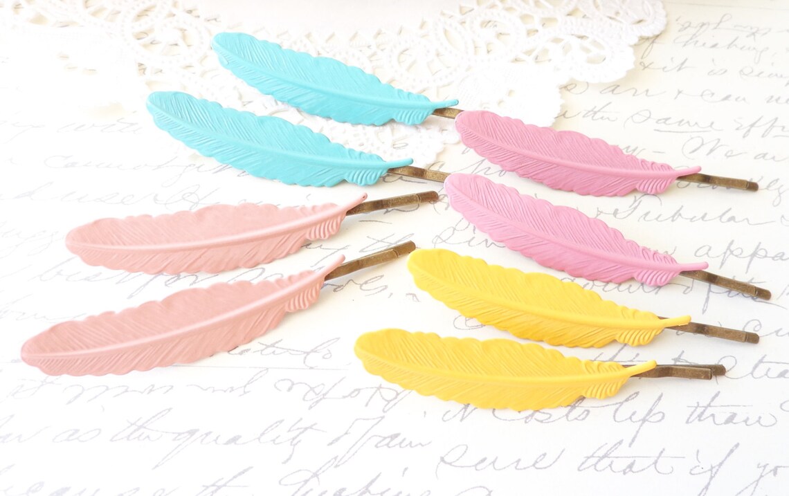 Yellow Enamel Feather Hair Bobby Pins - Enamel Hair Pins - Woodland ...