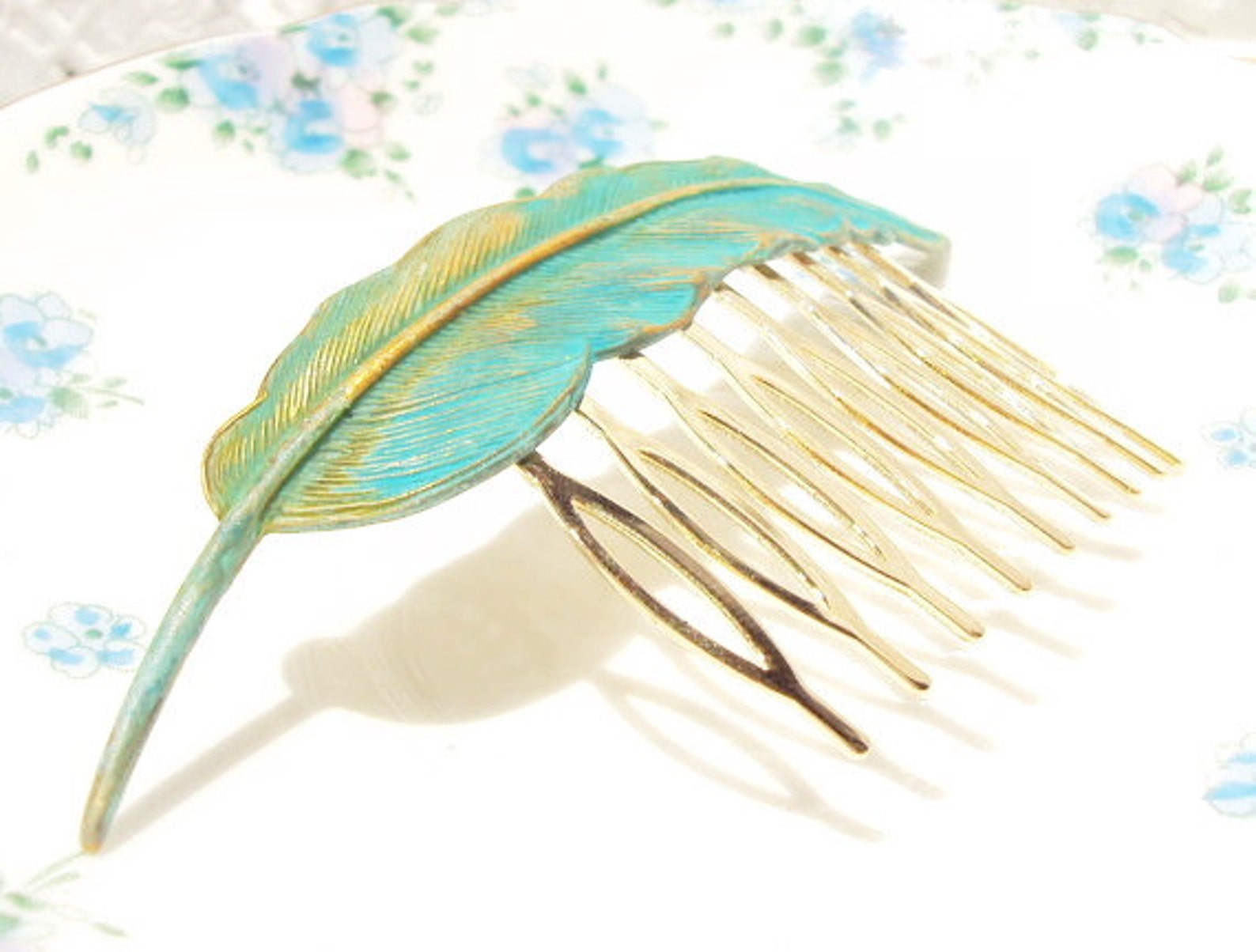 Gold Verdigris Feather Hair Comb Woodland Collection - Etsy