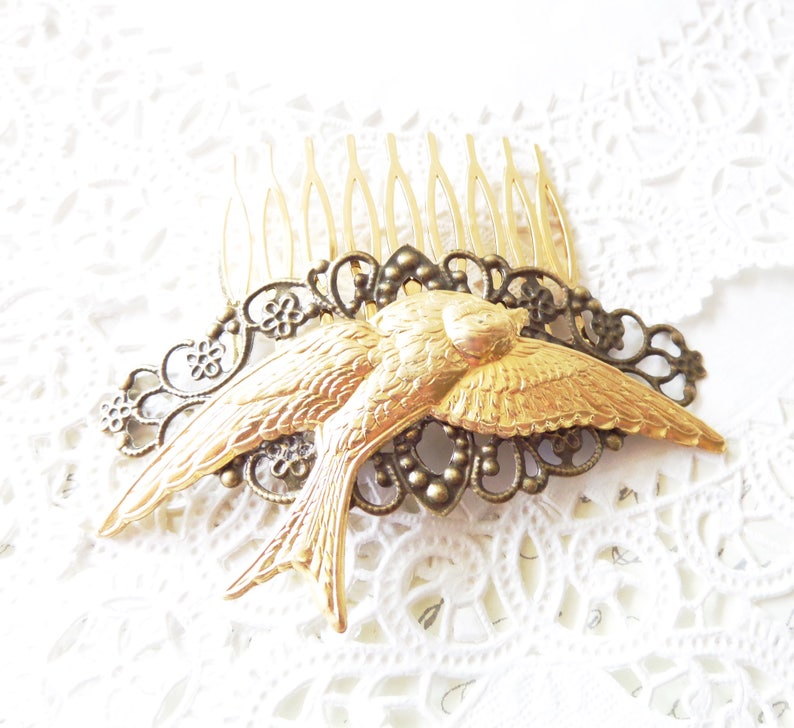 Gold Sparrow Hair Comb - Flying Swallow Hair Comb - Large Bird Hair ...