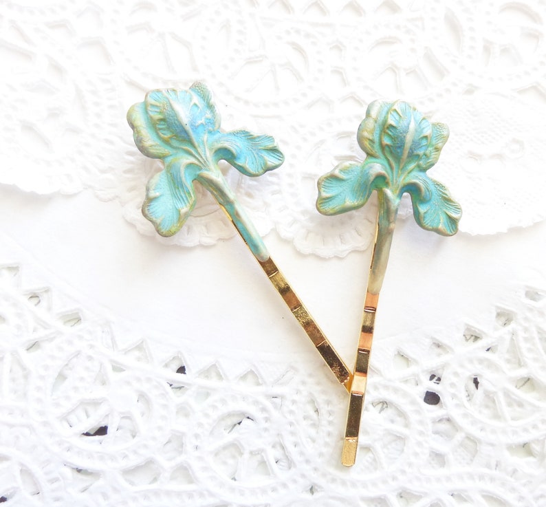 Verdigris Iris Flower Hair Pins - Iris Bobby Pin - Flower Hair Pins ...