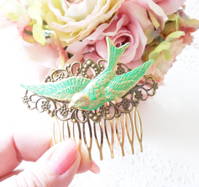 Green Sparrow Hair Comb Flying Swallow Hair Comb Large | Etsy