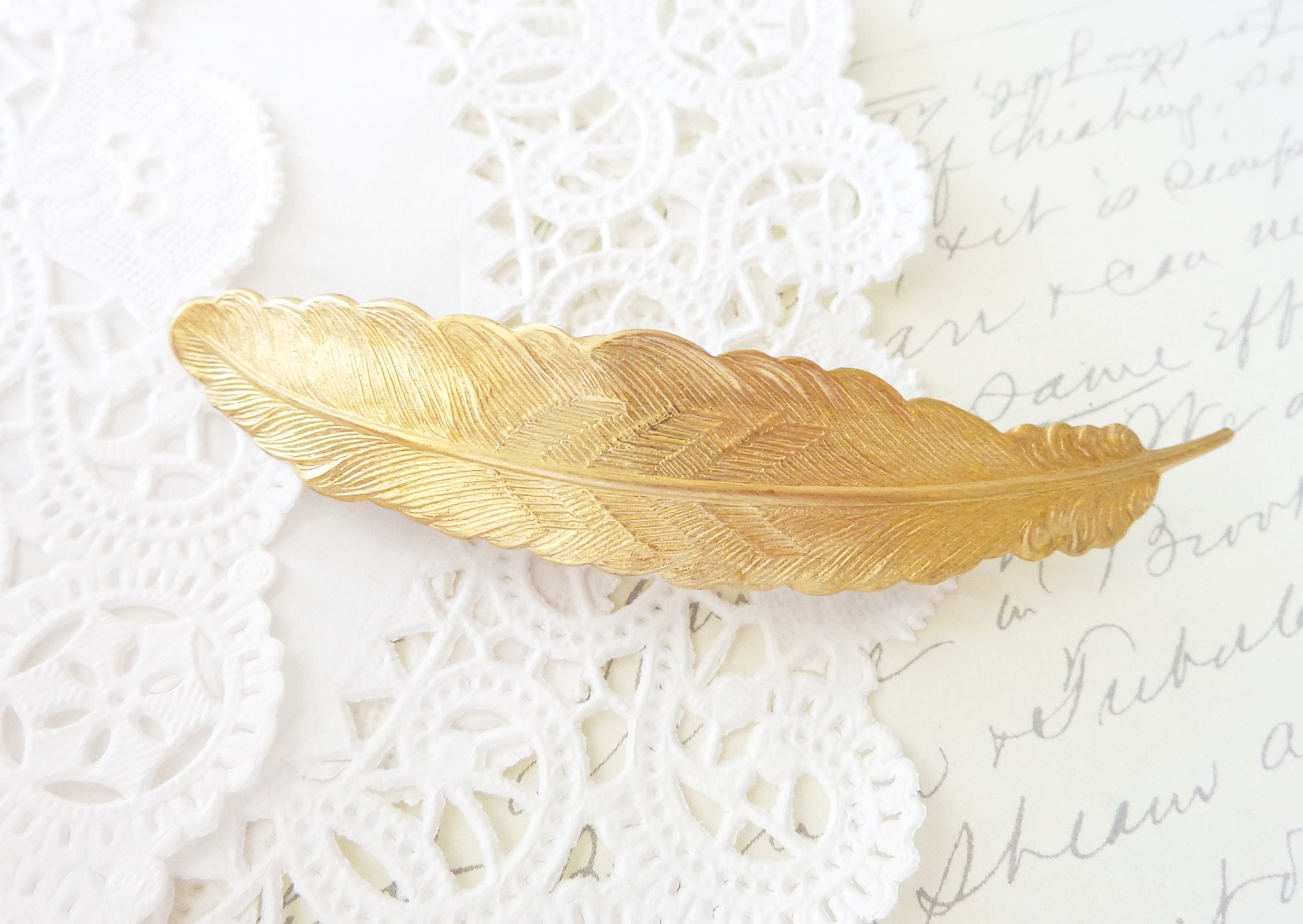 Gold Feather Barrette Large Gold Feather Barrette French | Etsy