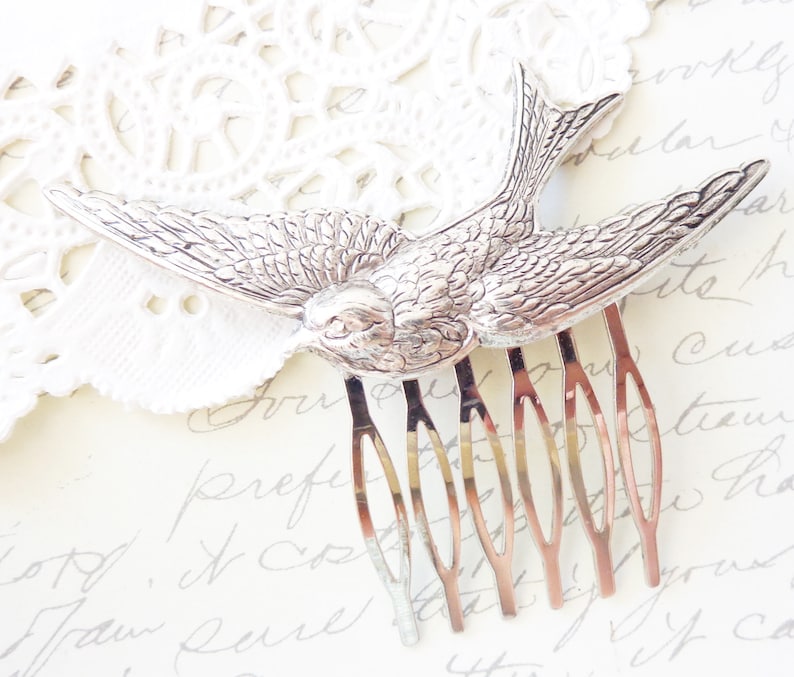 Silver Flying Sparrow Hair Comb - Swallow Hair Comb - Flying Bird Hair ...