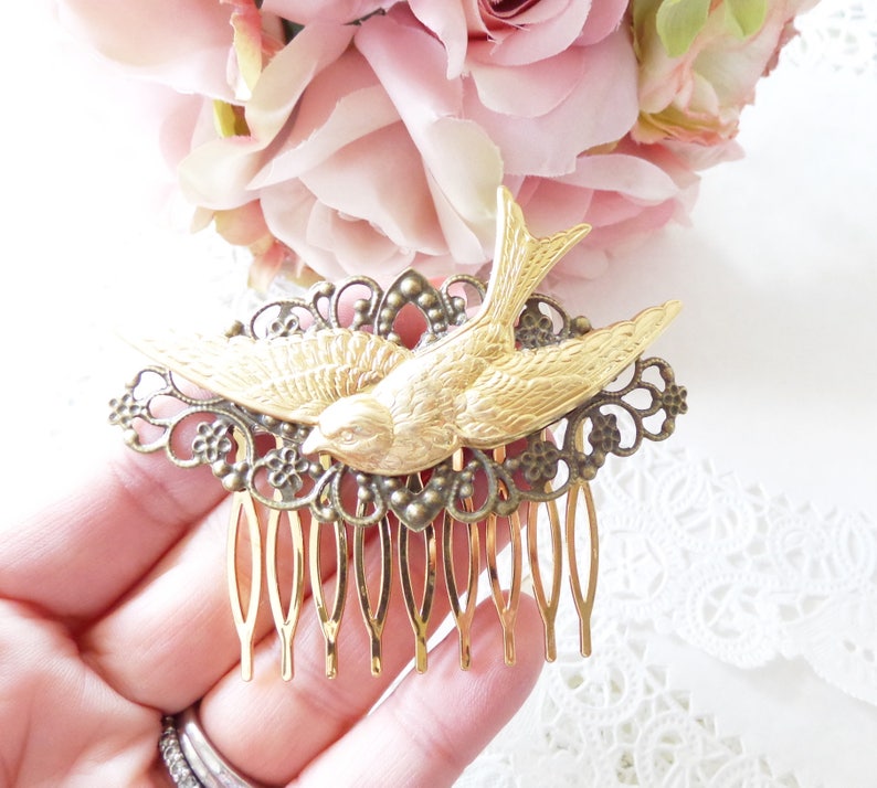 Gold Sparrow Hair Comb - Flying Swallow Hair Comb - Large Bird Hair ...