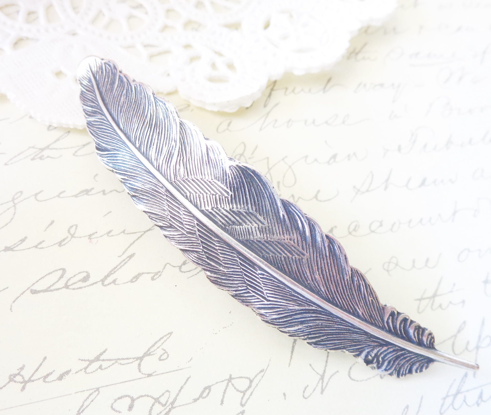 Ox Silver Feather Hair Barrette - Large Feather Hair Clip - French ...