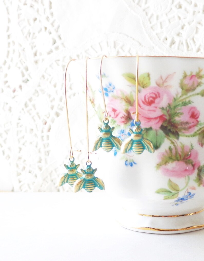 Verdigris Bee Earrings - Mint Bumble Bee Earrings - Honey Bee - Dangle ...