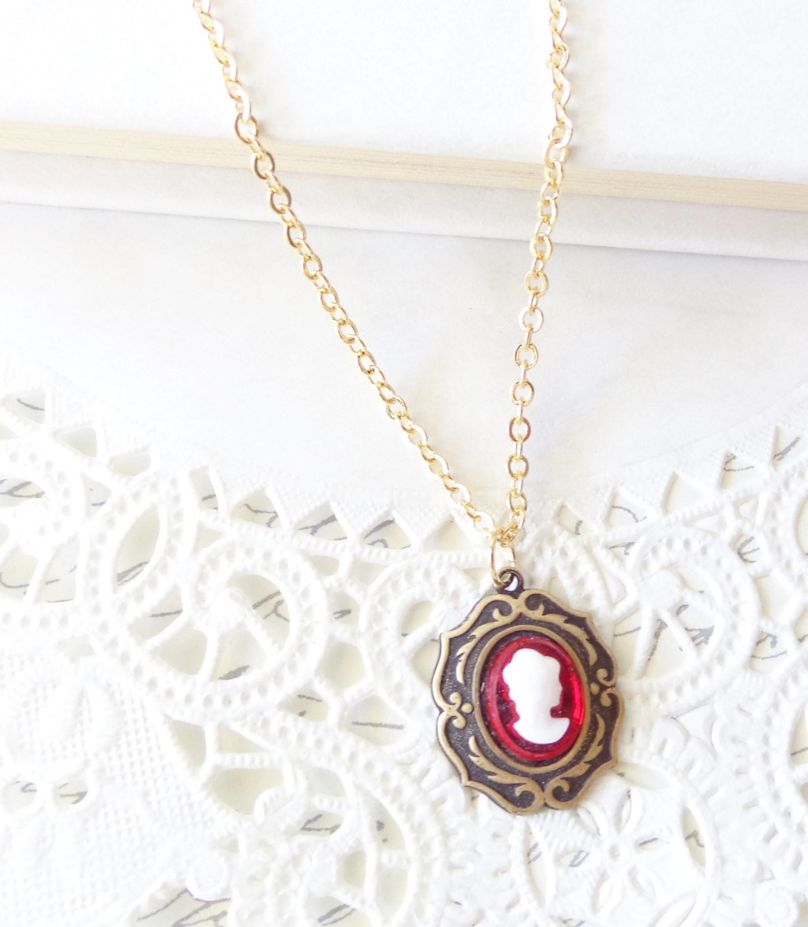 Lady in Red Ruby Red Cameo Necklace Red Cameo Victorian Style Gold ...