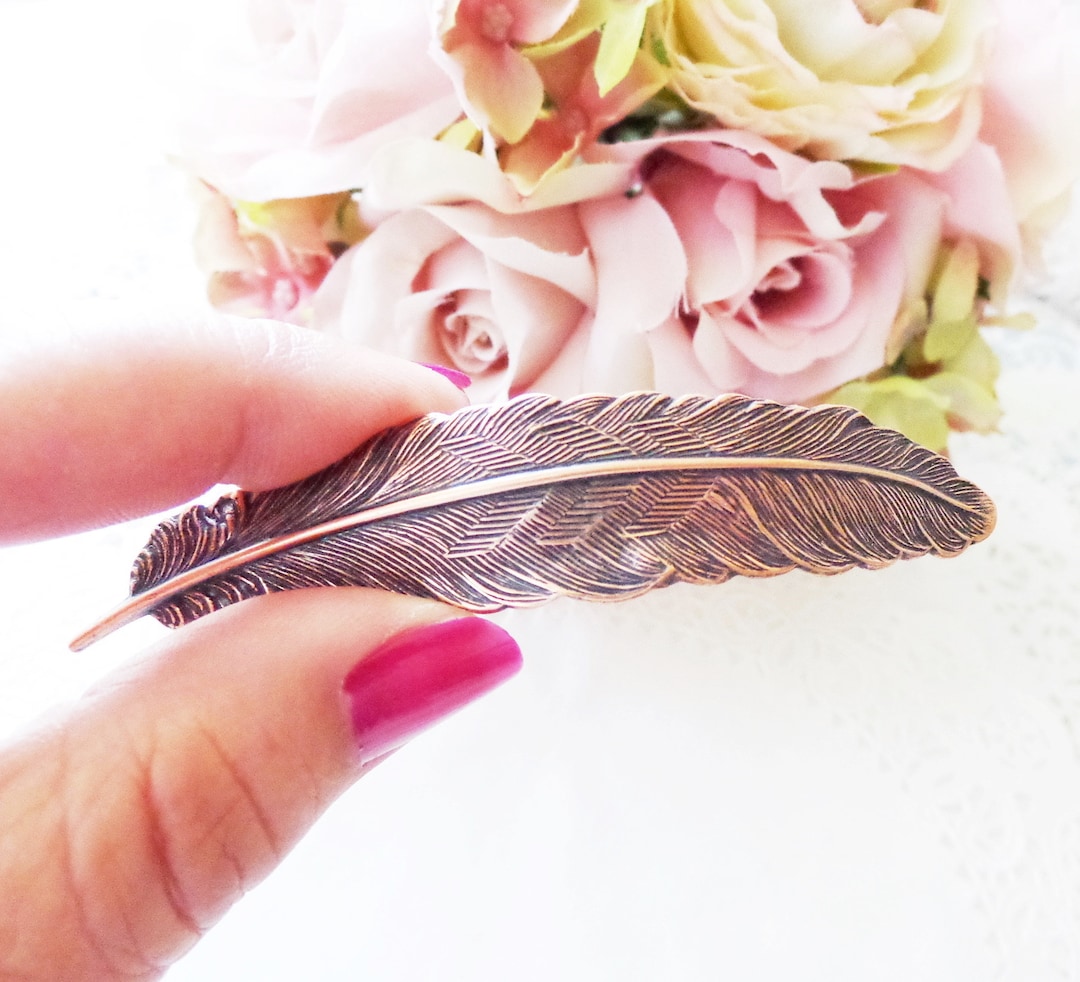 Copper Feather Hair Barrette - Large Feather Hair Clip - French Feather ...