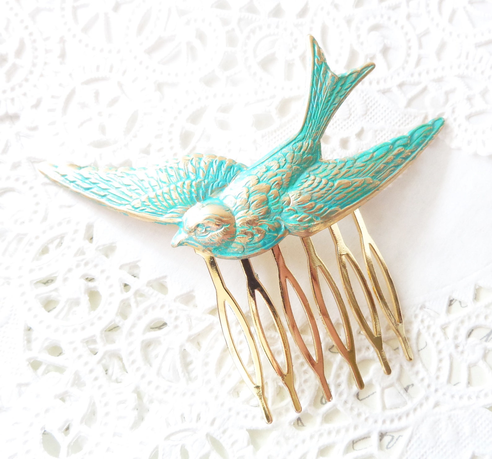 Aqua Flying Sparrow Hair Comb - Golden Turquoise Patina Large Sparrow ...