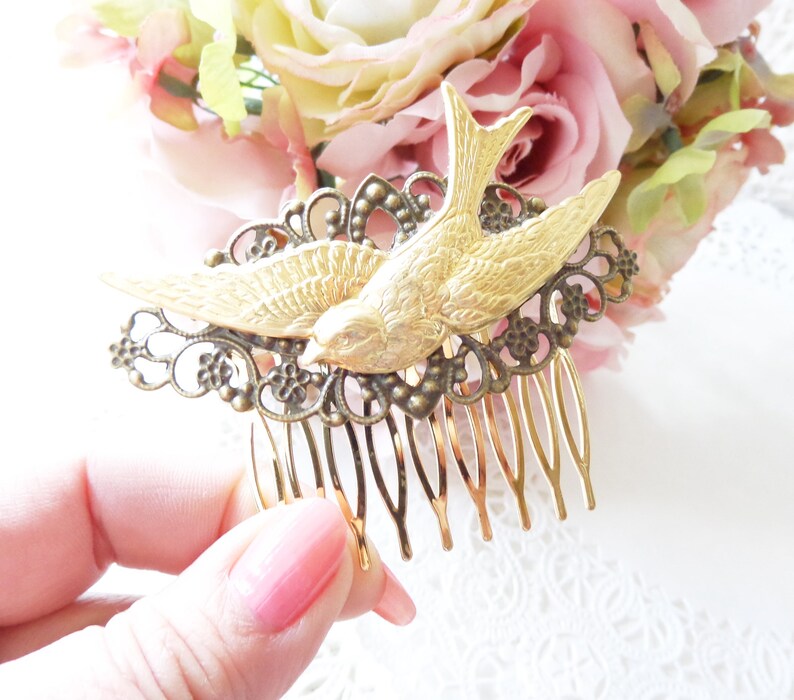 Gold Sparrow Hair Comb - Flying Swallow Hair Comb - Large Bird Hair ...