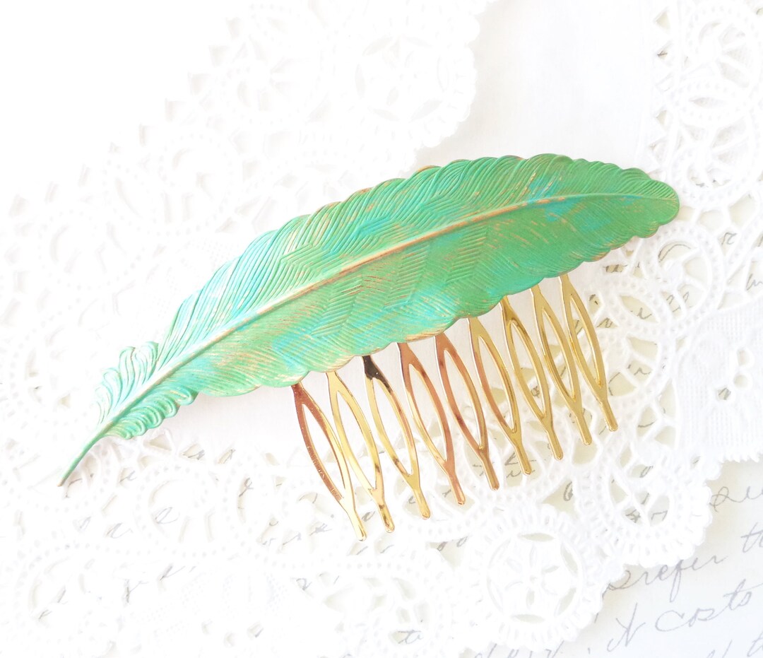 Patina Feather Hair Comb - Woodland Feather Hair Comb - Large Green ...