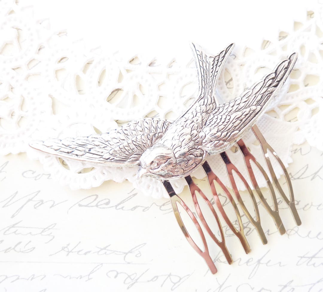 Silver Flying Sparrow Hair Comb - Swallow Hair Comb - Flying Bird Hair ...