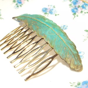 Verdigris Feather Hair Comb - Gold Hair Comb - Green Patina Feather ...