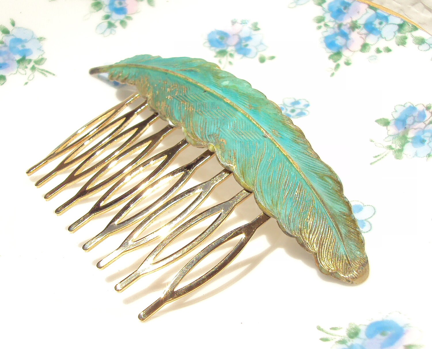 Verdigris Feather Hair Comb Gold Hair Comb Green Patina - Etsy