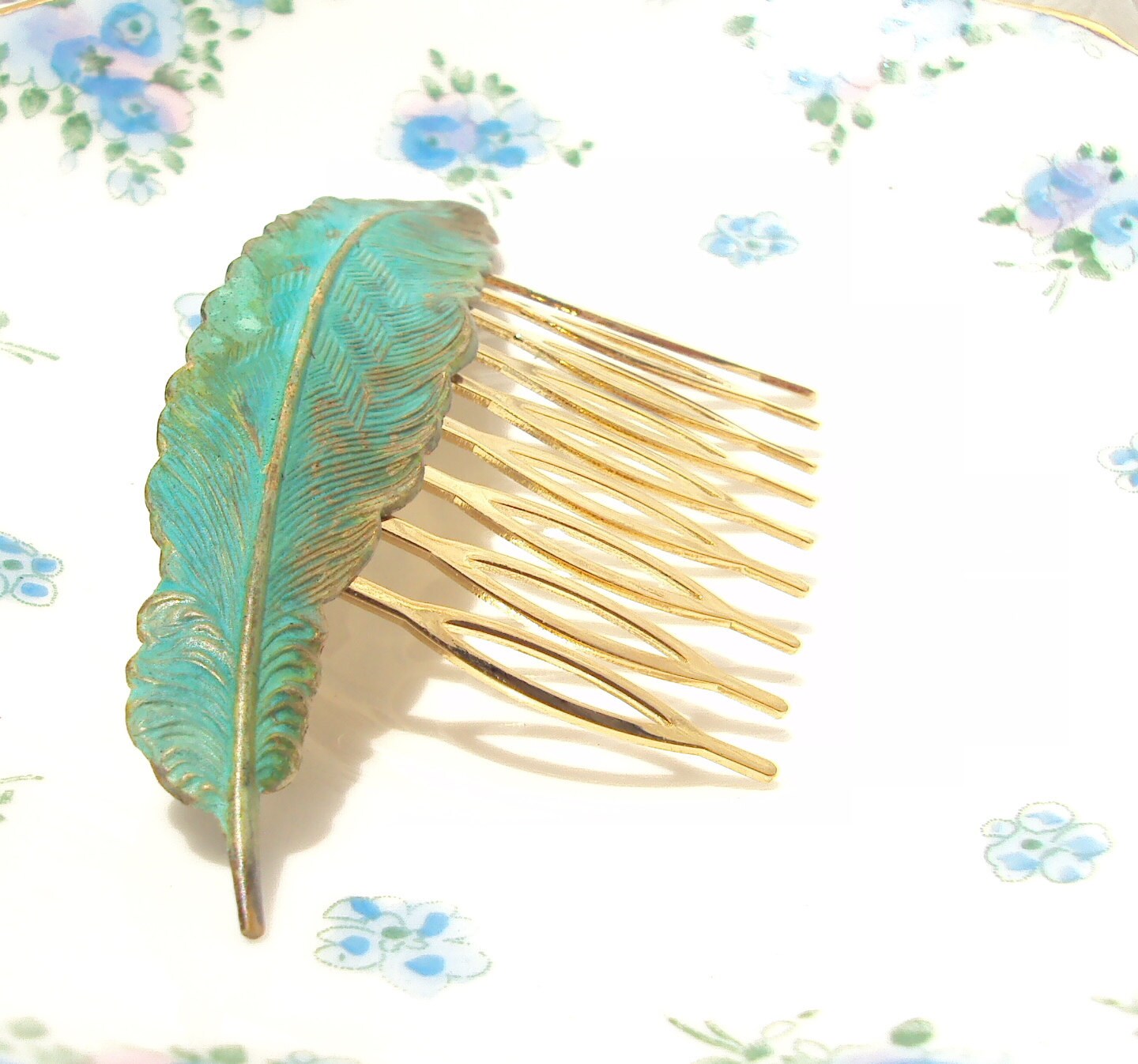 Verdigris Feather Hair Comb Gold Hair Comb Green Patina - Etsy